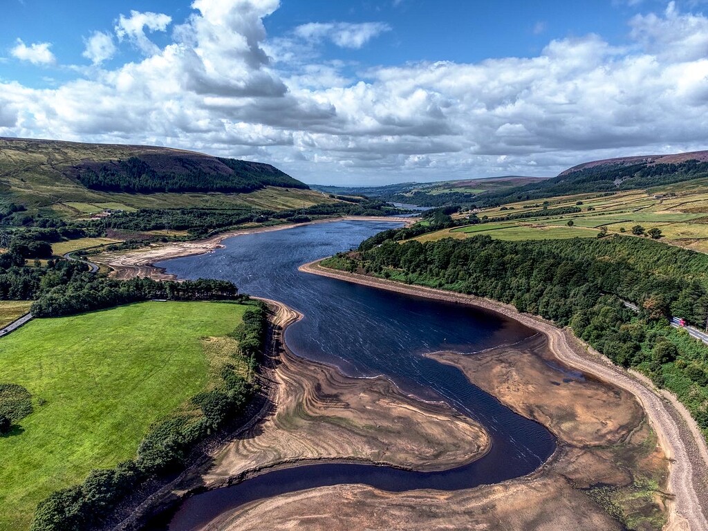 Torside Reservoir looking a bit empty - Photos by Drone - Grey Arrows ...