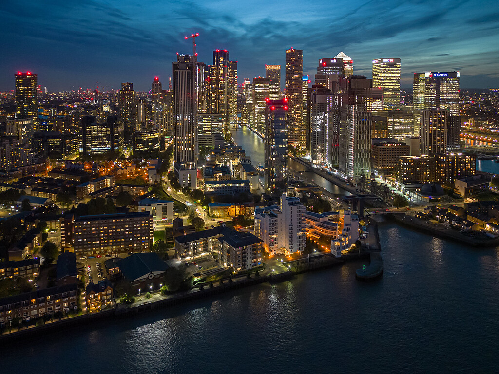 London skyline. O2 and Canary Wharf - Photos by Drone - Grey Arrows ...