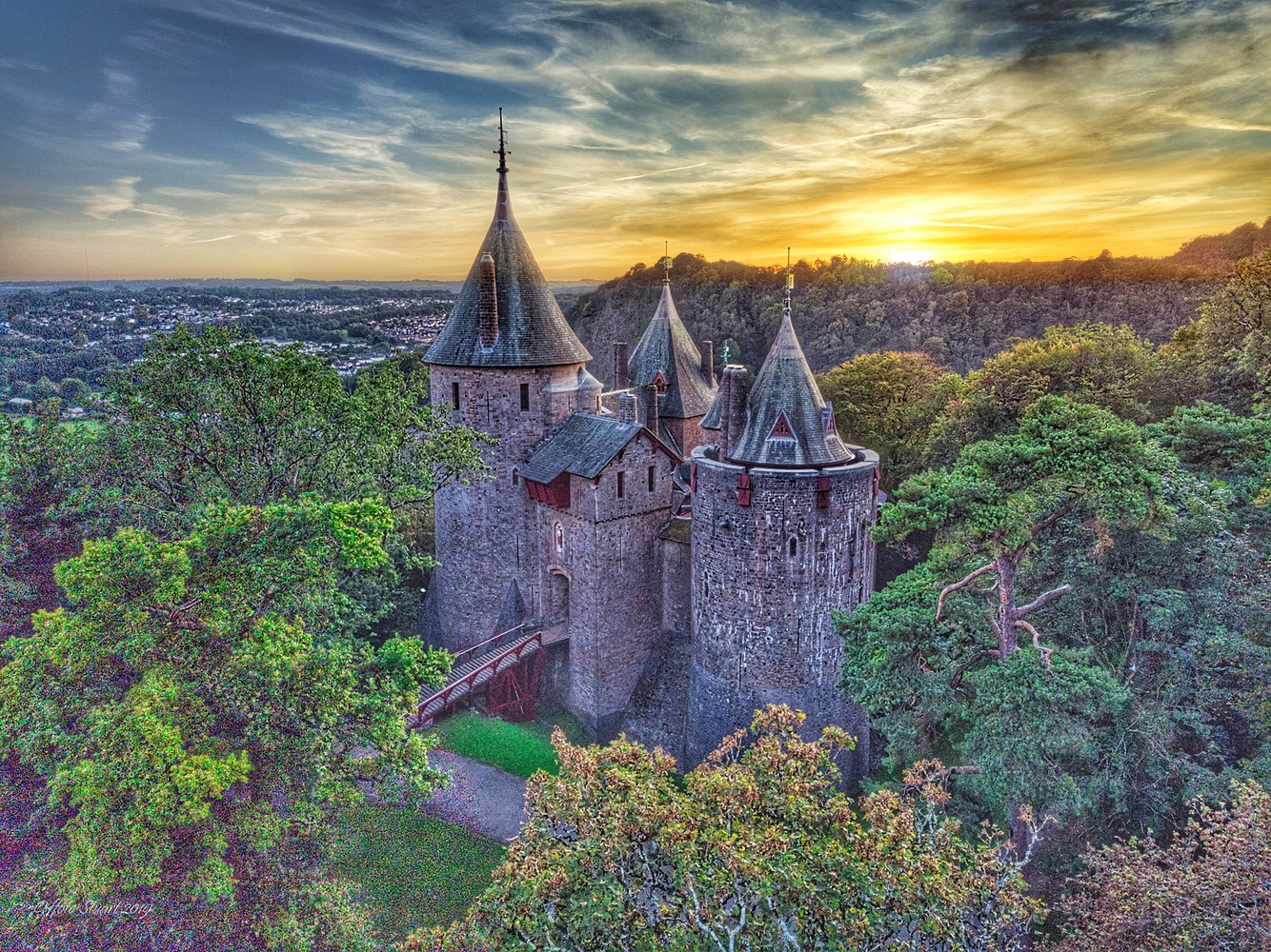 Castell Coch Sunset - Photos by Drone - Grey Arrows Drone Club UK