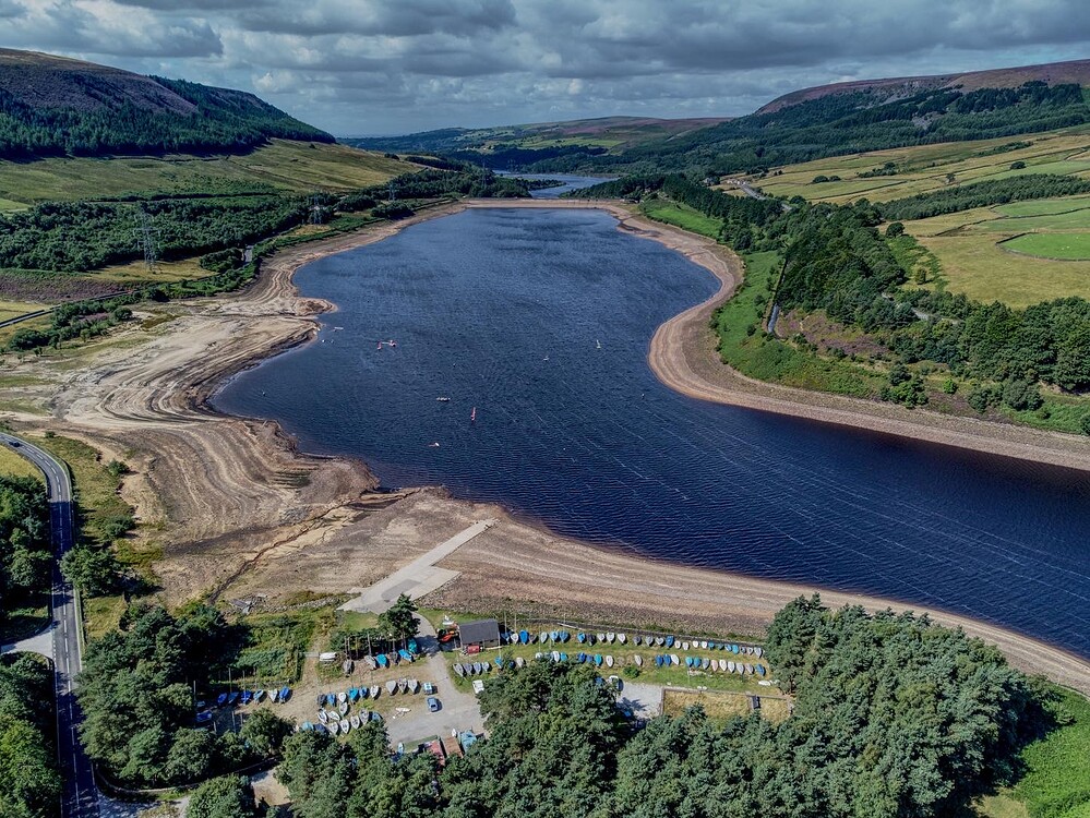 Torside Reservoir looking a bit empty - Photos by Drone - Grey Arrows ...