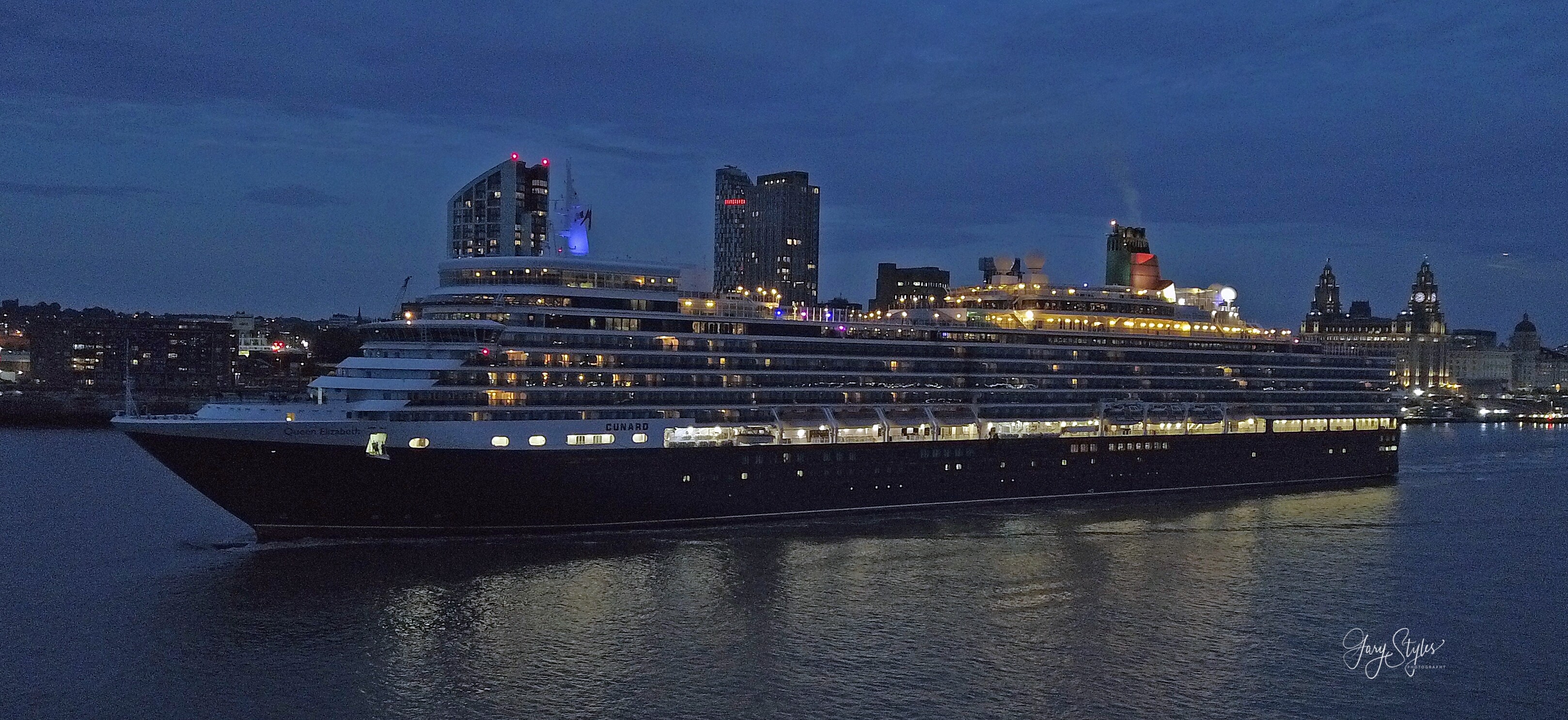 Queen Elizabeth night departure - Photos by Drone - Grey Arrows Drone ...
